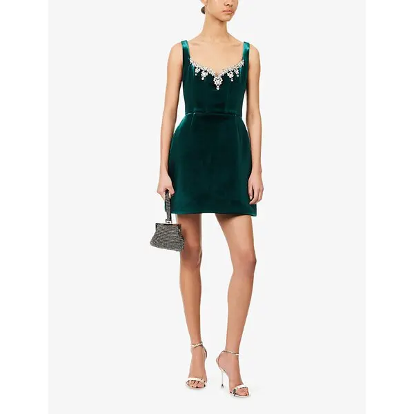 Nadine Merabi Blair Jewel-Embellished Velvet Mini Dress - Green |  Editorialist