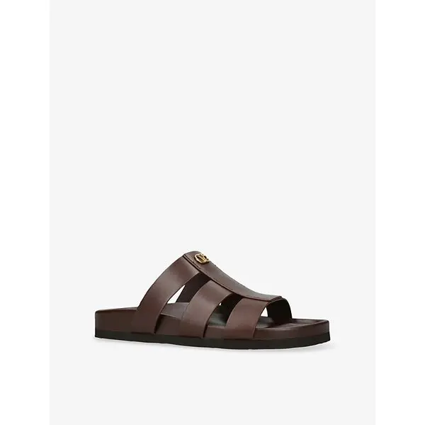 Valentino Garavani Studshield Vlogo Leather Flat Sandals - Dark Brown