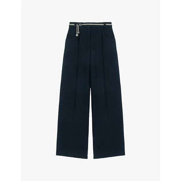 Maje Wide-leg Tweed Trousers With Chain Belt