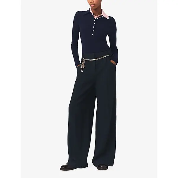 Maje Wide-leg Tweed Trousers With Chain Belt