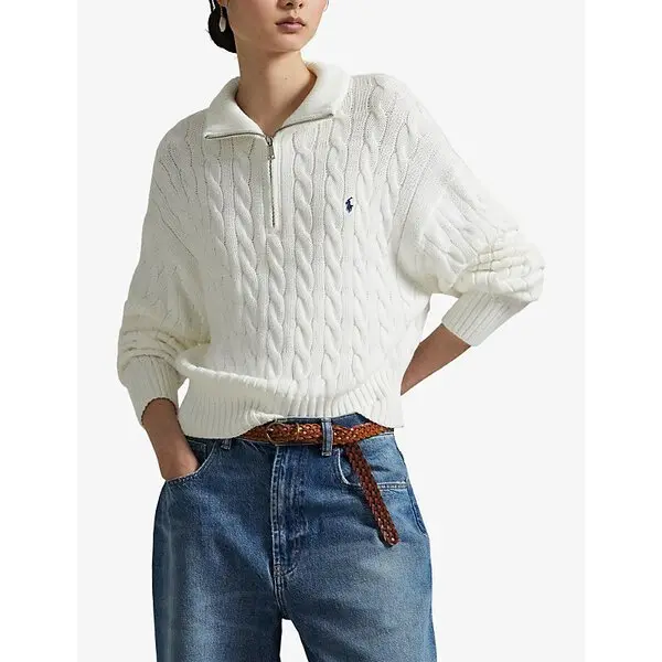 Polo Ralph Lauren Funnel-neck Cable-knit Cotton Jumper - White