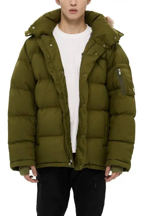 ALPHA STYLE Detachable Hood Puffer - Green