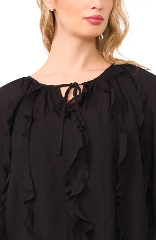 Halogen Tie Neck Ruffle Long Sleeve Top - Rich Black