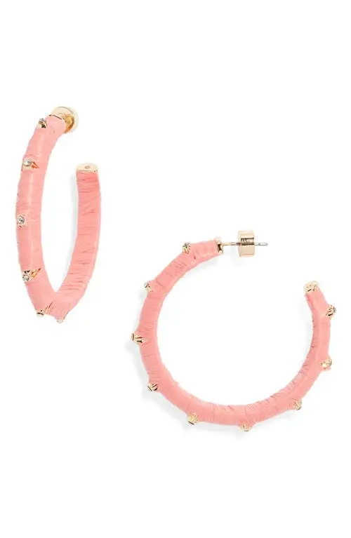 Nordstrom Crystal Accent Raffia Wrapped Hoop Earrings - Pink- Clear- Gold