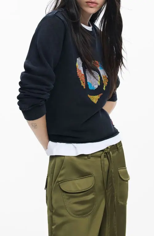 Desigual Heart Embroidered Graphic Sweatshirt - Black