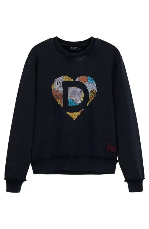 Desigual Heart Embroidered Graphic Sweatshirt - Black