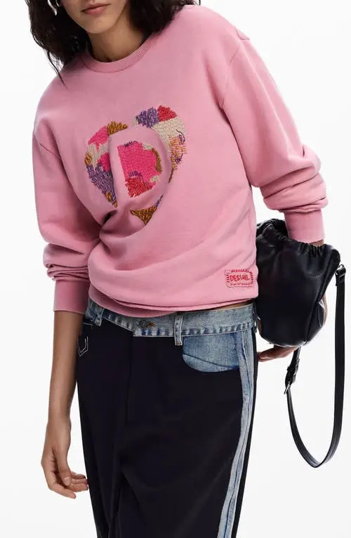 Desigual Heart Embroidered Graphic Sweatshirt - Pink
