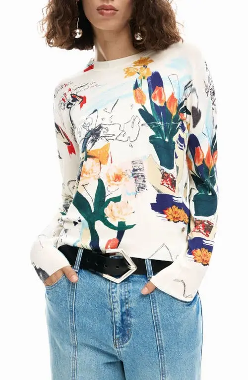 Desigual Floral Crewneck Fine Gauge Sweater - Light Beige