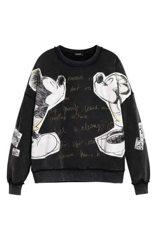 Desigual Mickey & Minnie Mouse Patch Distressed French Terry Sweatshirt