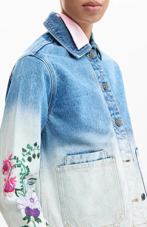 Desigual Floral Embroidered Denim Trucker Jacket - Medium Blue