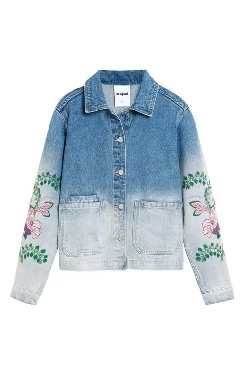 Desigual Floral Embroidered Denim Trucker Jacket - Medium Blue