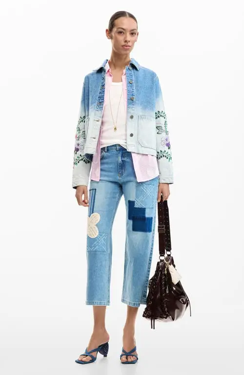 Desigual Floral Embroidered Denim Trucker Jacket - Medium Blue