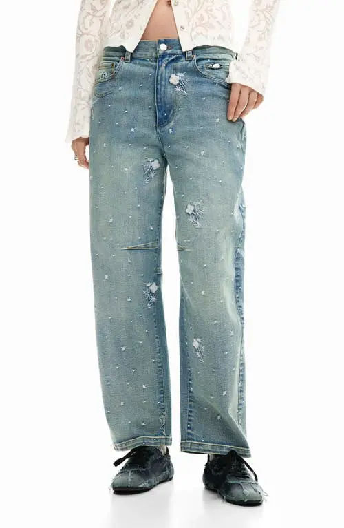 Desigual Floral Embroidery Barrel Leg Jeans - Medium Blue