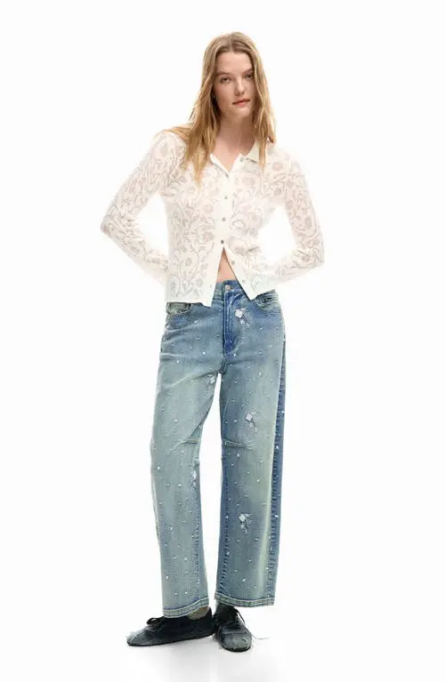 Desigual Floral Embroidery Barrel Leg Jeans - Medium Blue