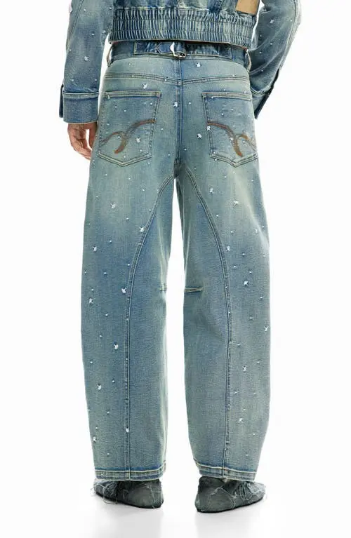 Desigual Floral Embroidery Barrel Leg Jeans - Medium Blue