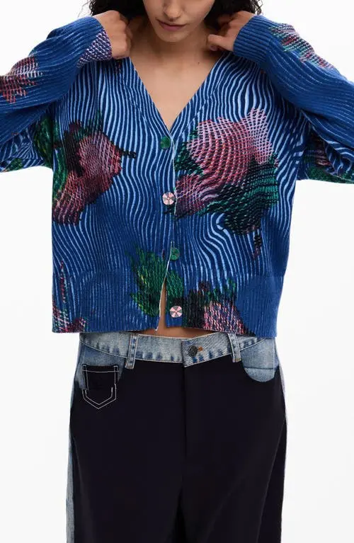 Desigual Floral V-neck Cardigan - Blue