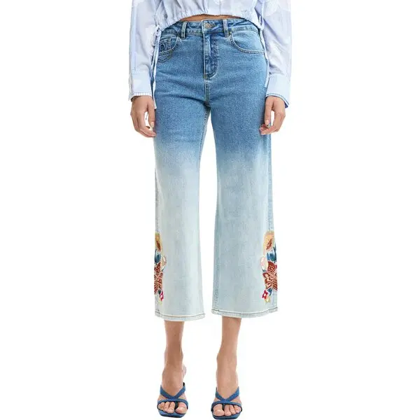 Desigual Floral Embroidered Crop Wide Leg Jeans