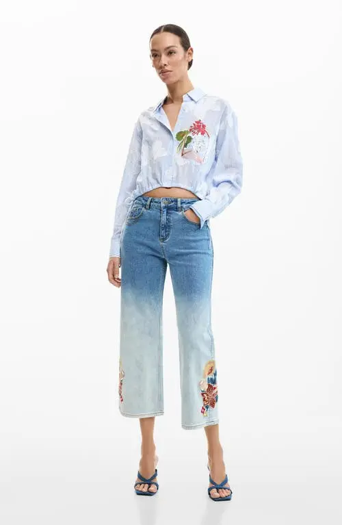 Desigual Floral Embroidered Crop Wide Leg Jeans