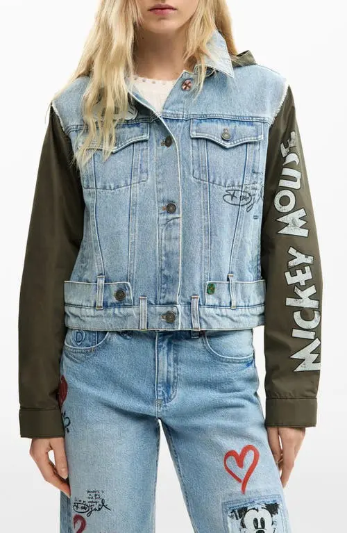 Desigual Mickey Mouse Embroidered Denim Hooded Jacket - Medium Blue