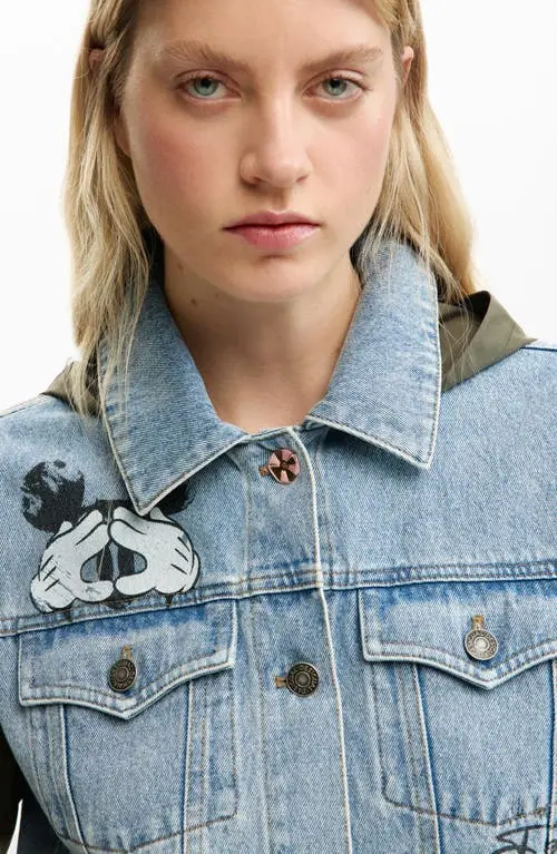 Desigual Mickey Mouse Embroidered Denim Hooded Jacket - Medium Blue