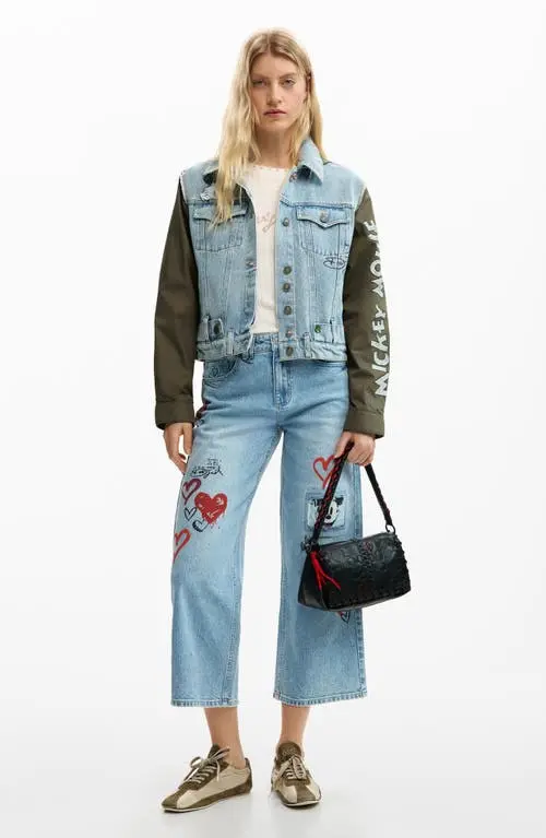 Desigual Mickey Mouse Embroidered Denim Hooded Jacket - Medium Blue