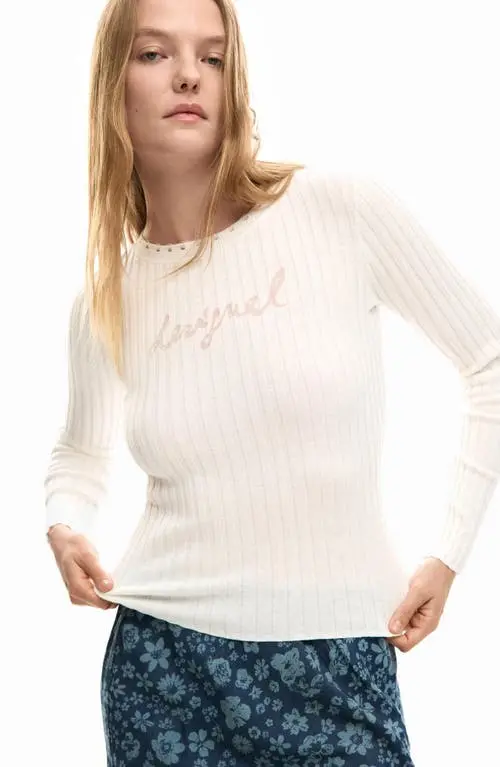 Desigual Long Sleeve Rib T-shirt - White