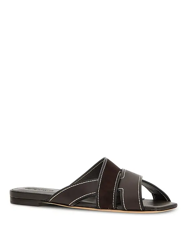 TOD'S Leather & Suede Slide Sandals - Dark Brown