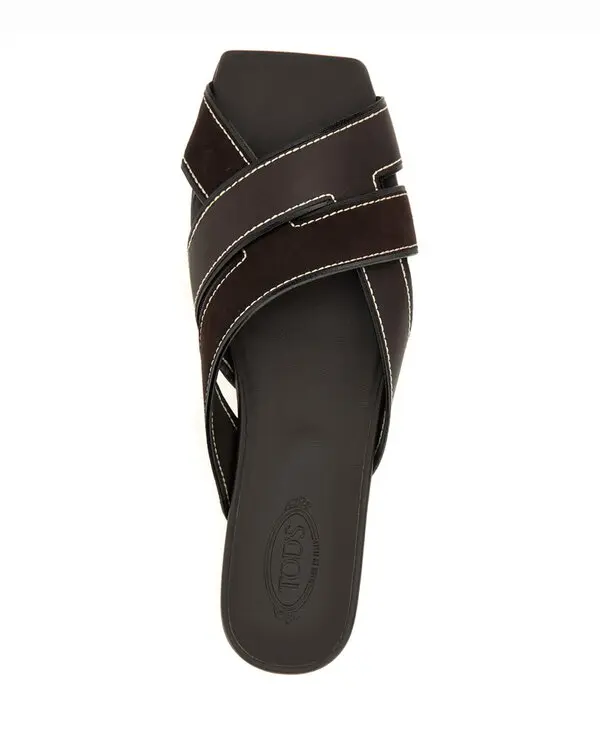 TOD'S Leather & Suede Slide Sandals - Dark Brown