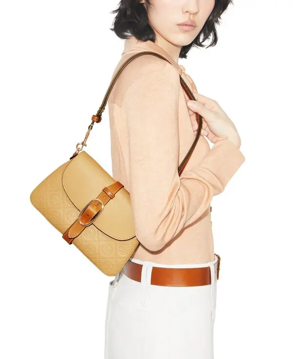 Tory Burch Small Double T Monogram Pebbled Leather Shoulder Bag