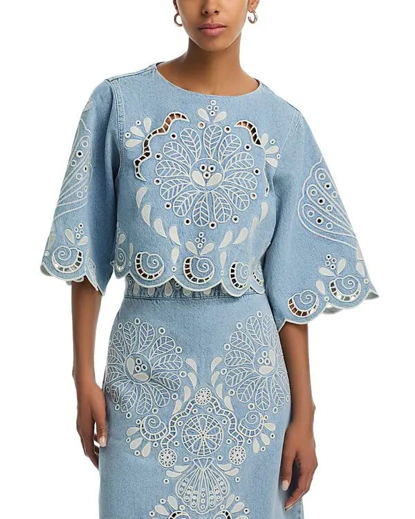 Farm Rio Cropped Embroidered Top - Denim