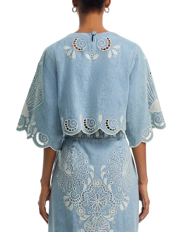 Farm Rio Cropped Embroidered Top - Denim