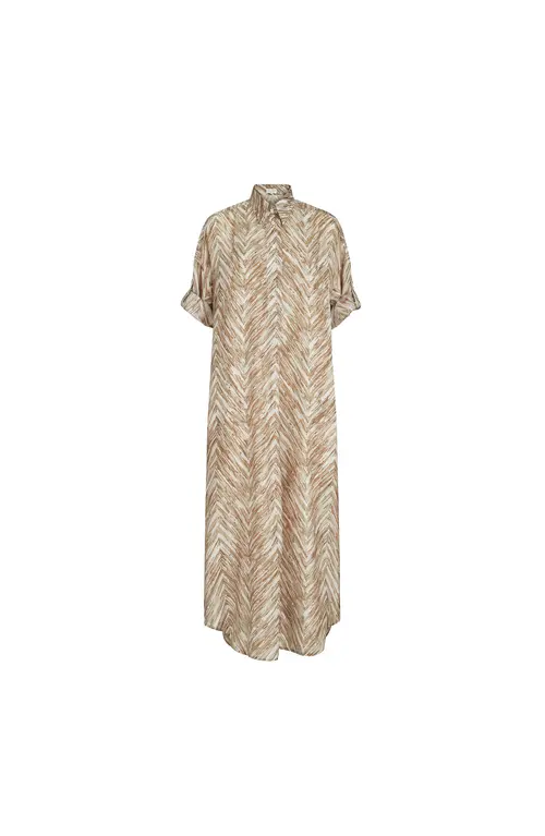 Brunello Cucinelli Chevron Print Silk Shirt Dress - Beige