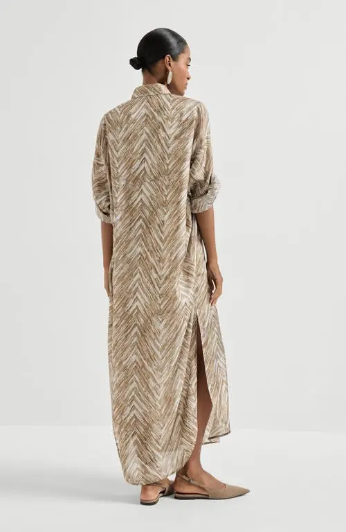 Brunello Cucinelli Chevron Print Silk Shirt Dress - Beige