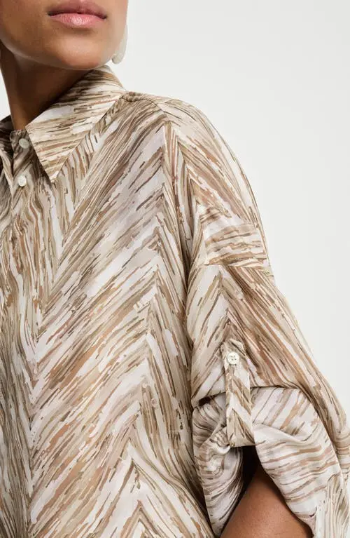 Brunello Cucinelli Chevron Print Silk Shirt Dress - Beige