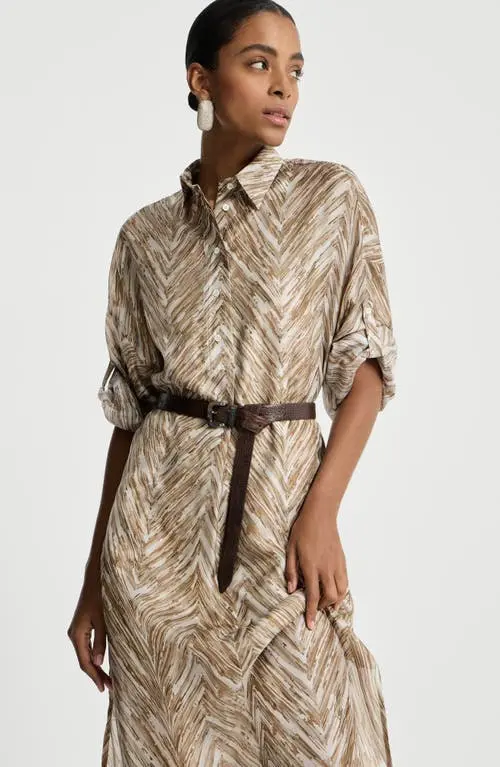 Brunello Cucinelli Chevron Print Silk Shirt Dress - Beige