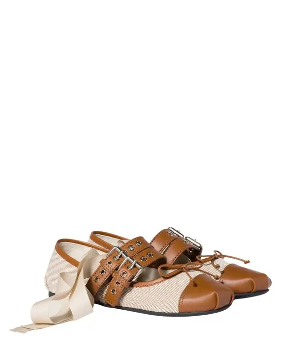 Miu Miu Canvas And Leather Ballerinas - Beige/tobacco