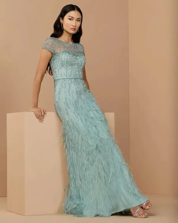 MAC DUGGAL COLLECTION Embellished Illusion Neck Feather Gown - Blue