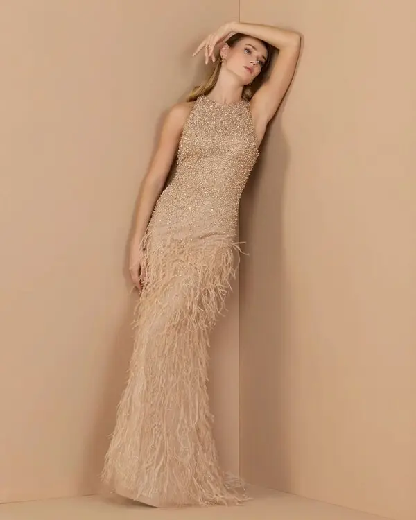 MAC DUGGAL COLLECTION Embellished Lace Sleeveless Feather Gown