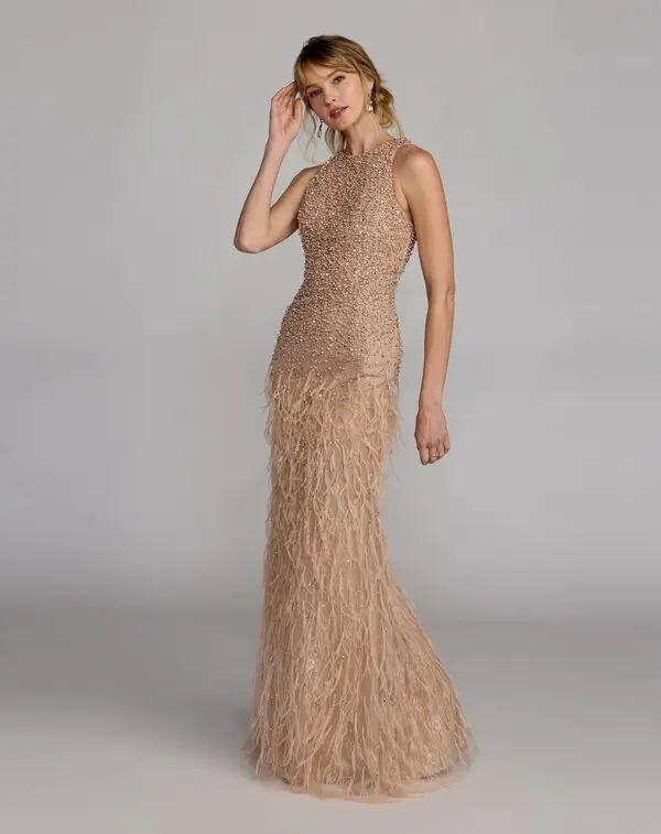 MAC DUGGAL COLLECTION Embellished Lace Sleeveless Feather Gown