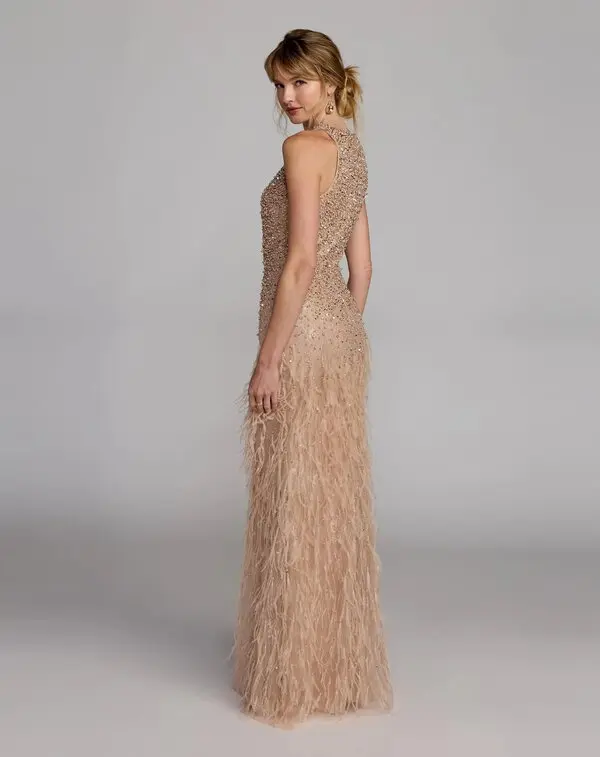 MAC DUGGAL COLLECTION Embellished Lace Sleeveless Feather Gown