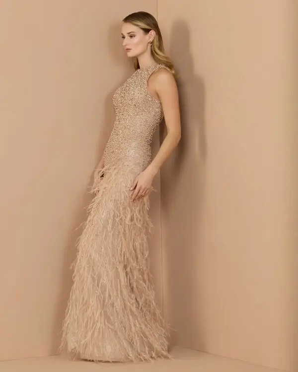 MAC DUGGAL COLLECTION Embellished Lace Sleeveless Feather Gown