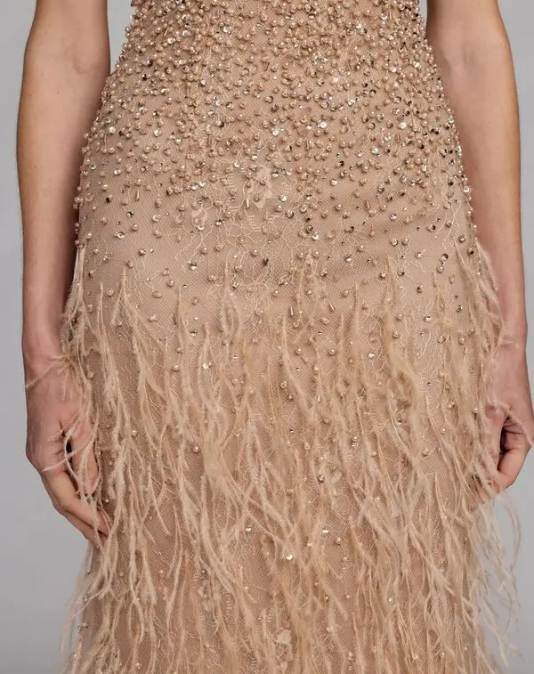 MAC DUGGAL COLLECTION Embellished Lace Sleeveless Feather Gown