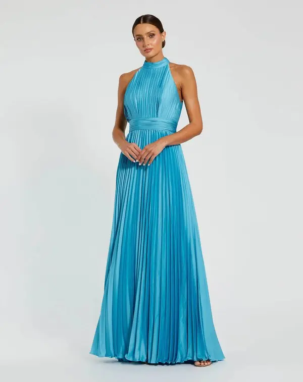 Mac Duggal Sleeveless Pleated Halter Gown - Blue