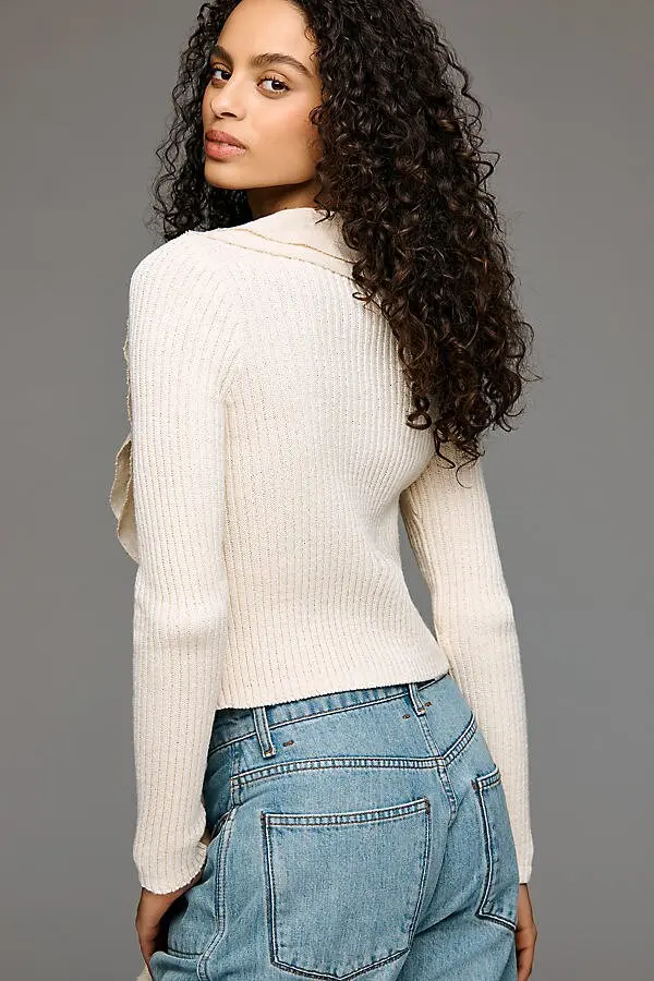 Anthropologie Ruffled Tie-front Ribbed Sweater