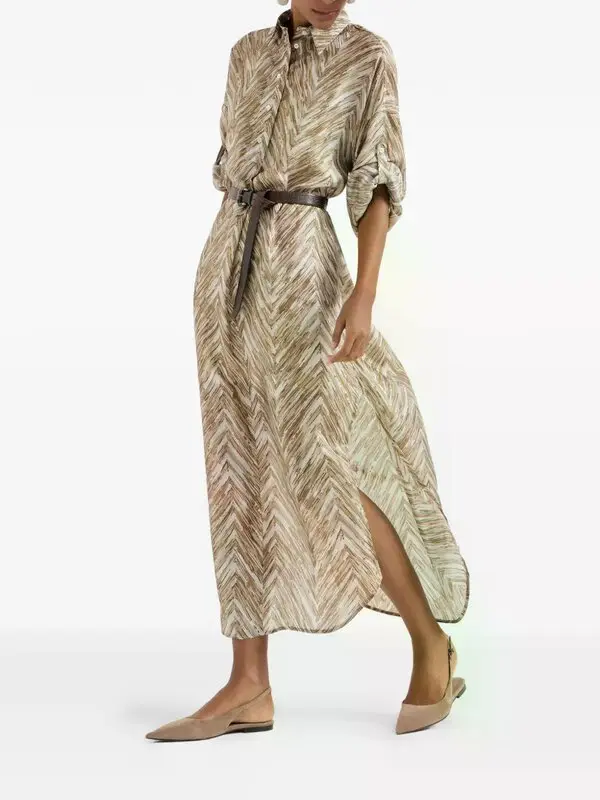 Brunello Cucinelli Chevron Print Silk Midi Shirt Dress - Neutrals