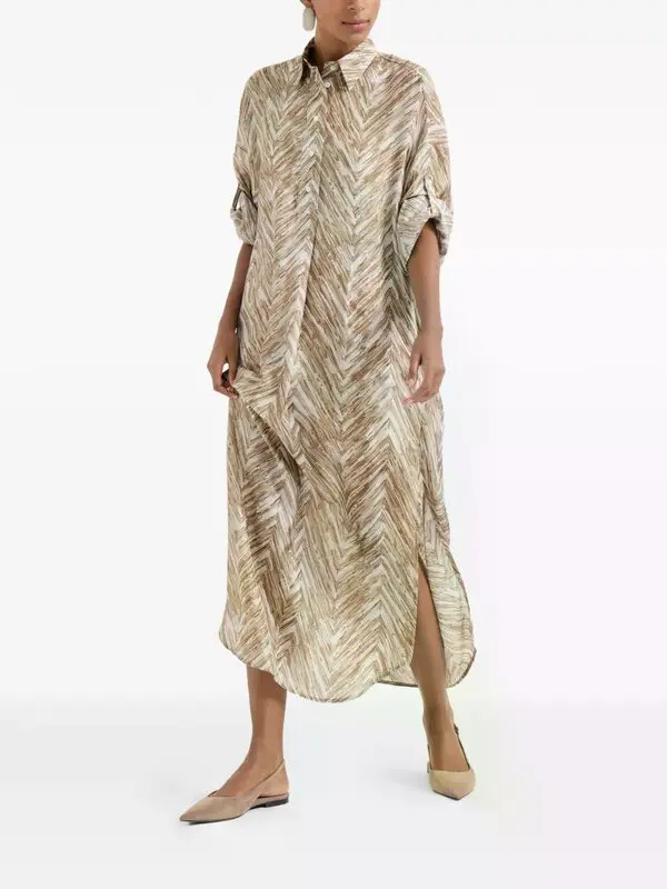 Brunello Cucinelli Chevron Print Silk Midi Shirt Dress - Neutrals