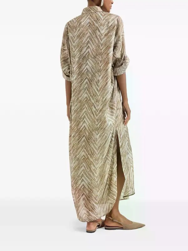 Brunello Cucinelli Chevron Print Silk Midi Shirt Dress - Neutrals