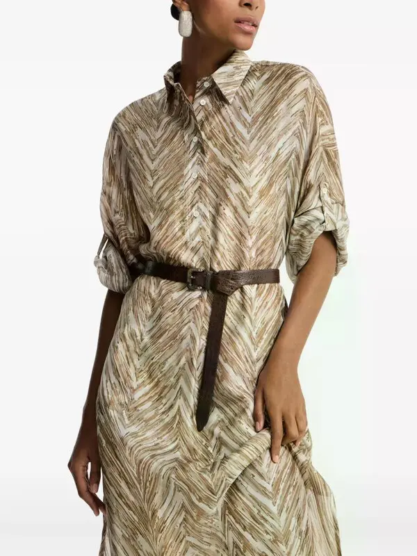 Brunello Cucinelli Chevron Print Silk Midi Shirt Dress - Neutrals