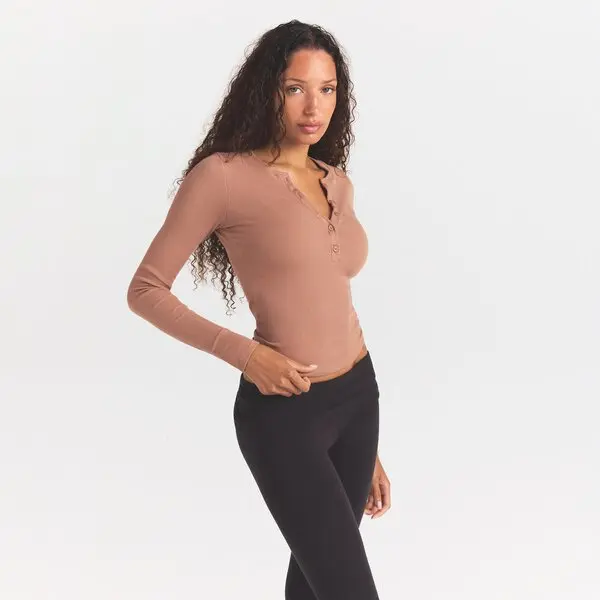 SKIMS Henley Long Sleeve T Shirt | Medium Neutral | | Cotton Rib
