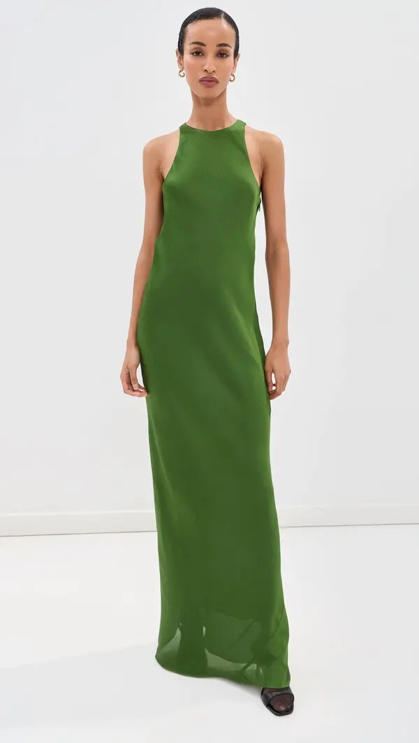 Tibi Matte Satin Plisse Maxi Bias Dress